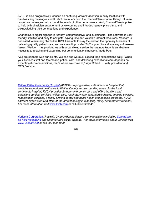 Kittitas Valley (Kvch) Press Release | PDF