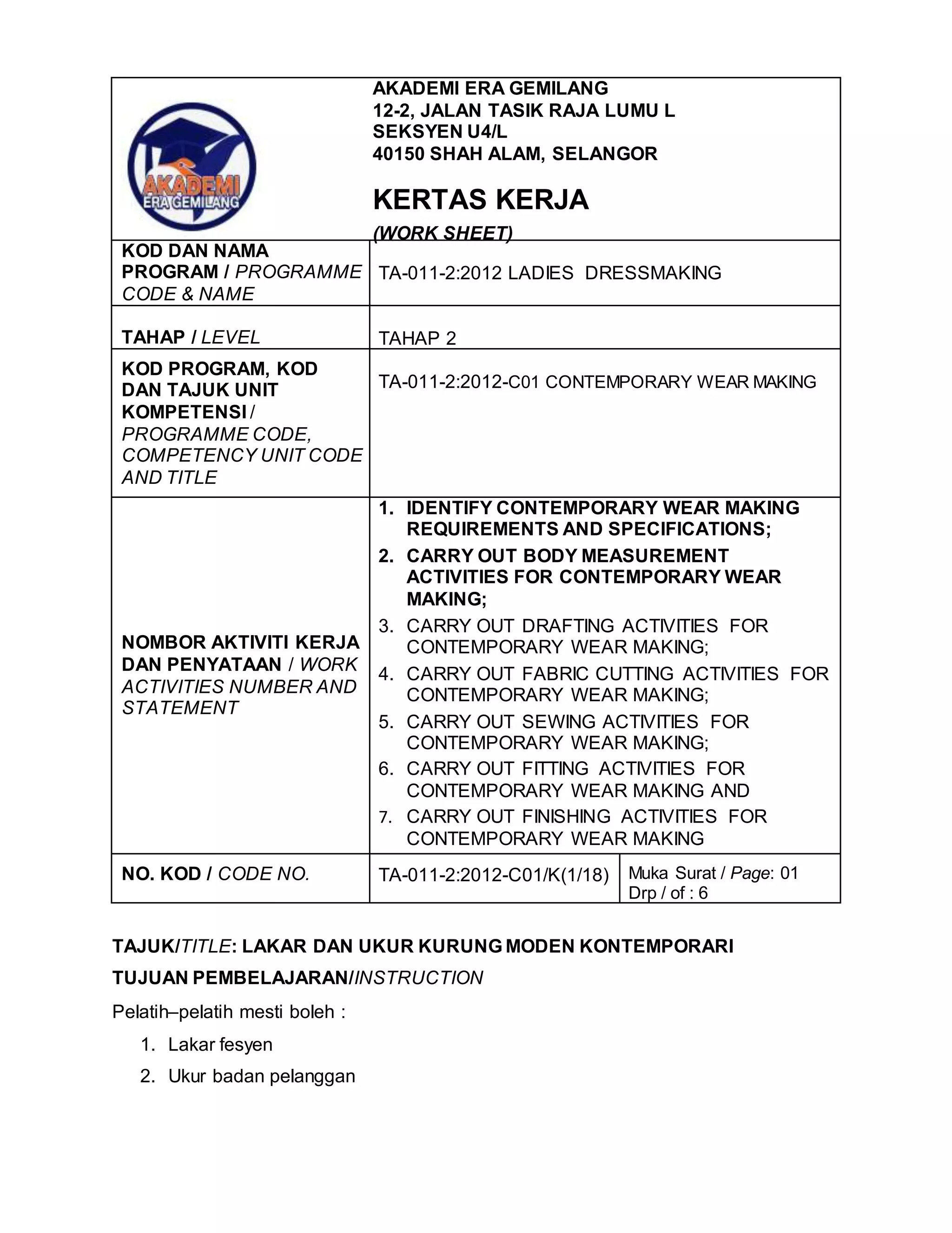 Kertas Kerja C01 l2 Lakar Ukur kurung kontemporari | DOCX