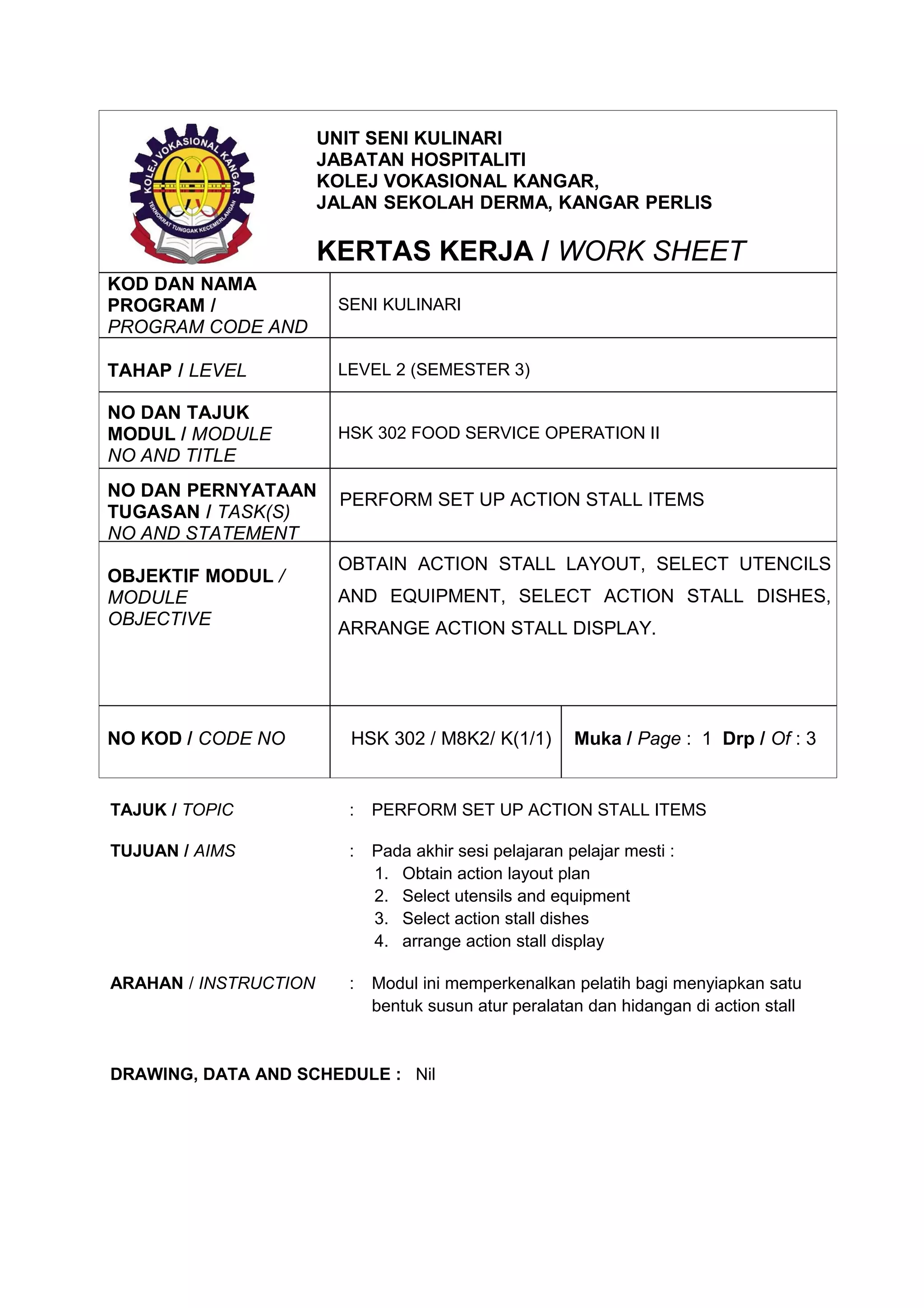 HSK 302 KERTAS KERJA KOMPETENSI 2 : PERFORM SET UP ACTION STALL ITEM | DOC