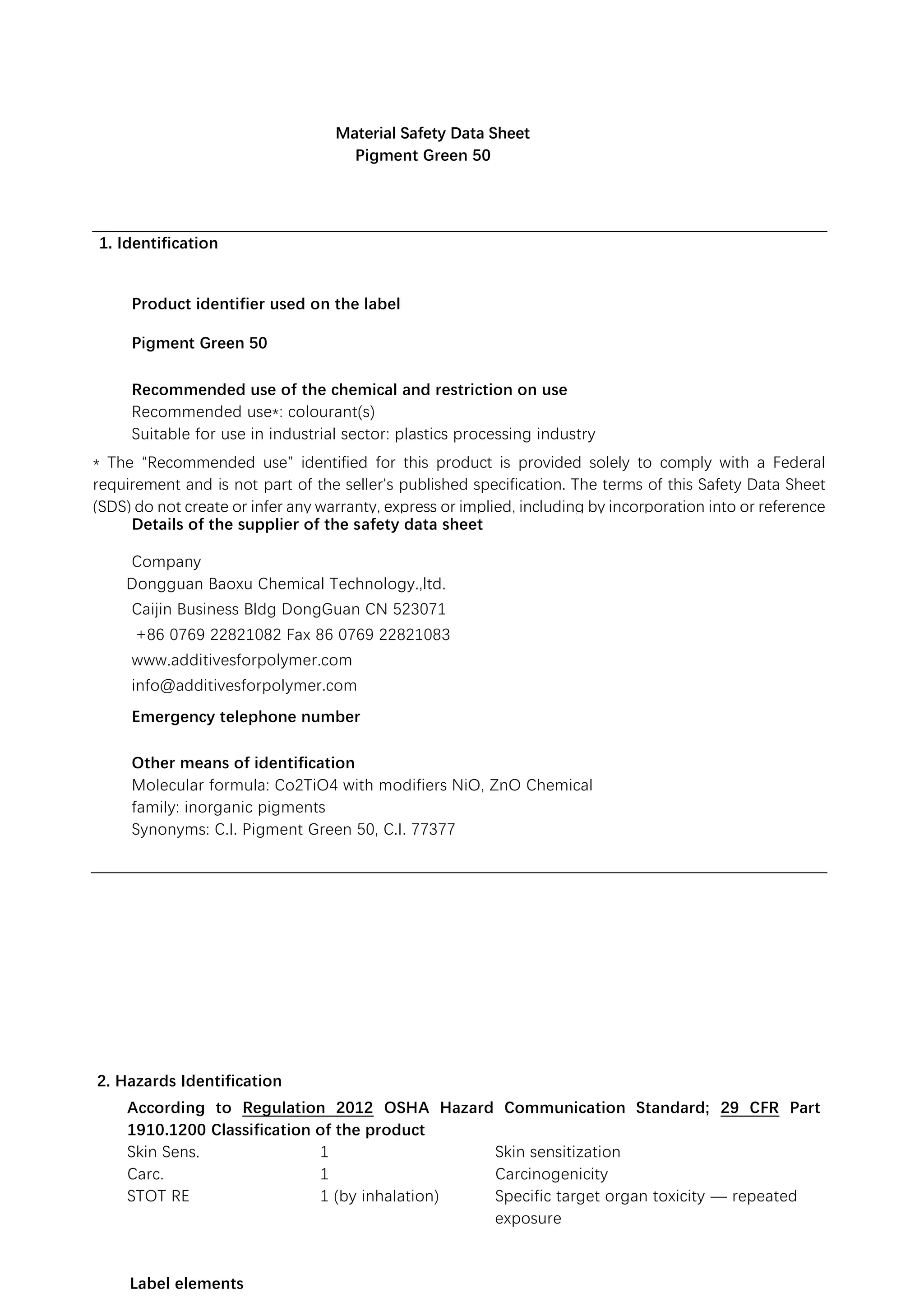 Pigment green 50 cas 68186 85-6 material safety data sheet msds sds ...