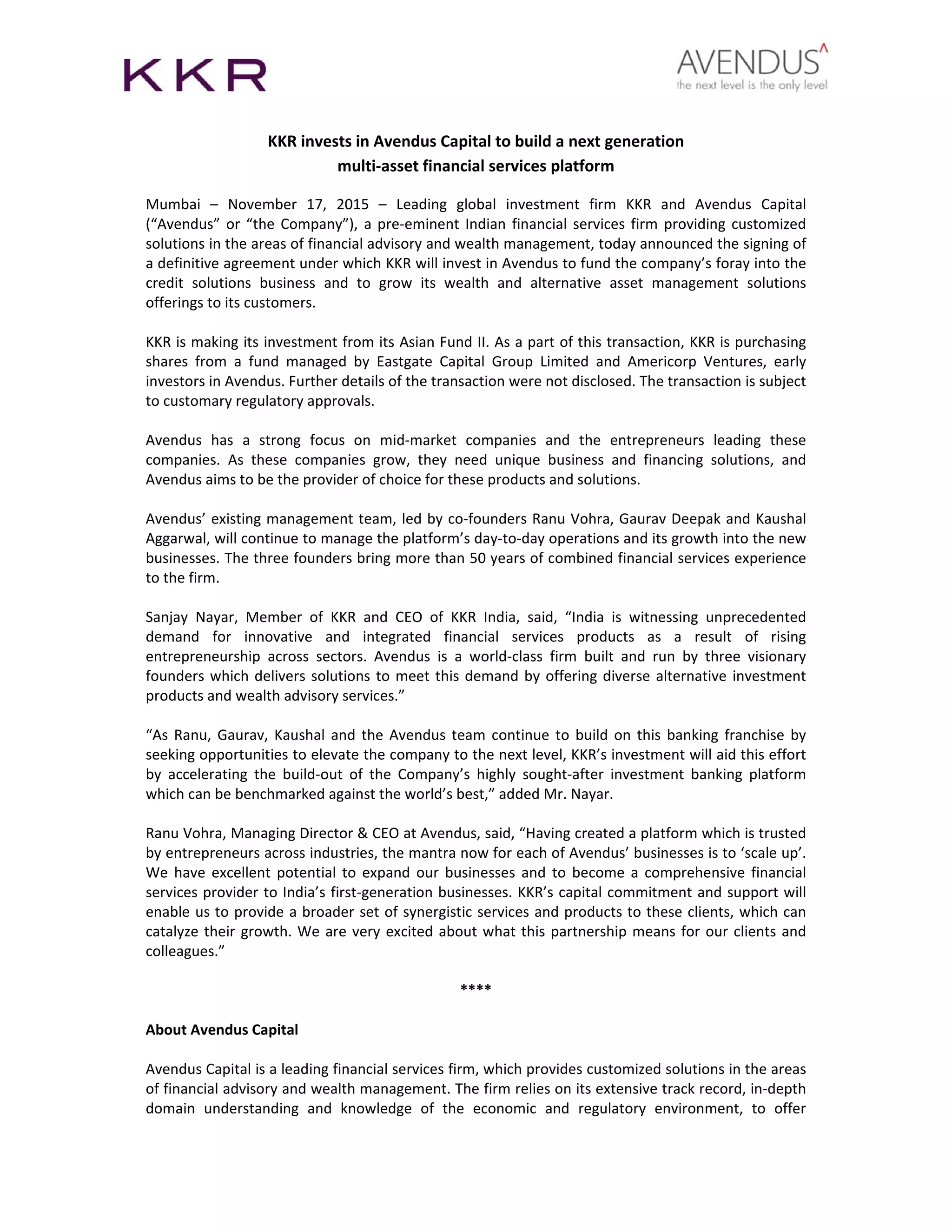 Kkr Invests in Avendus Capital | PDF