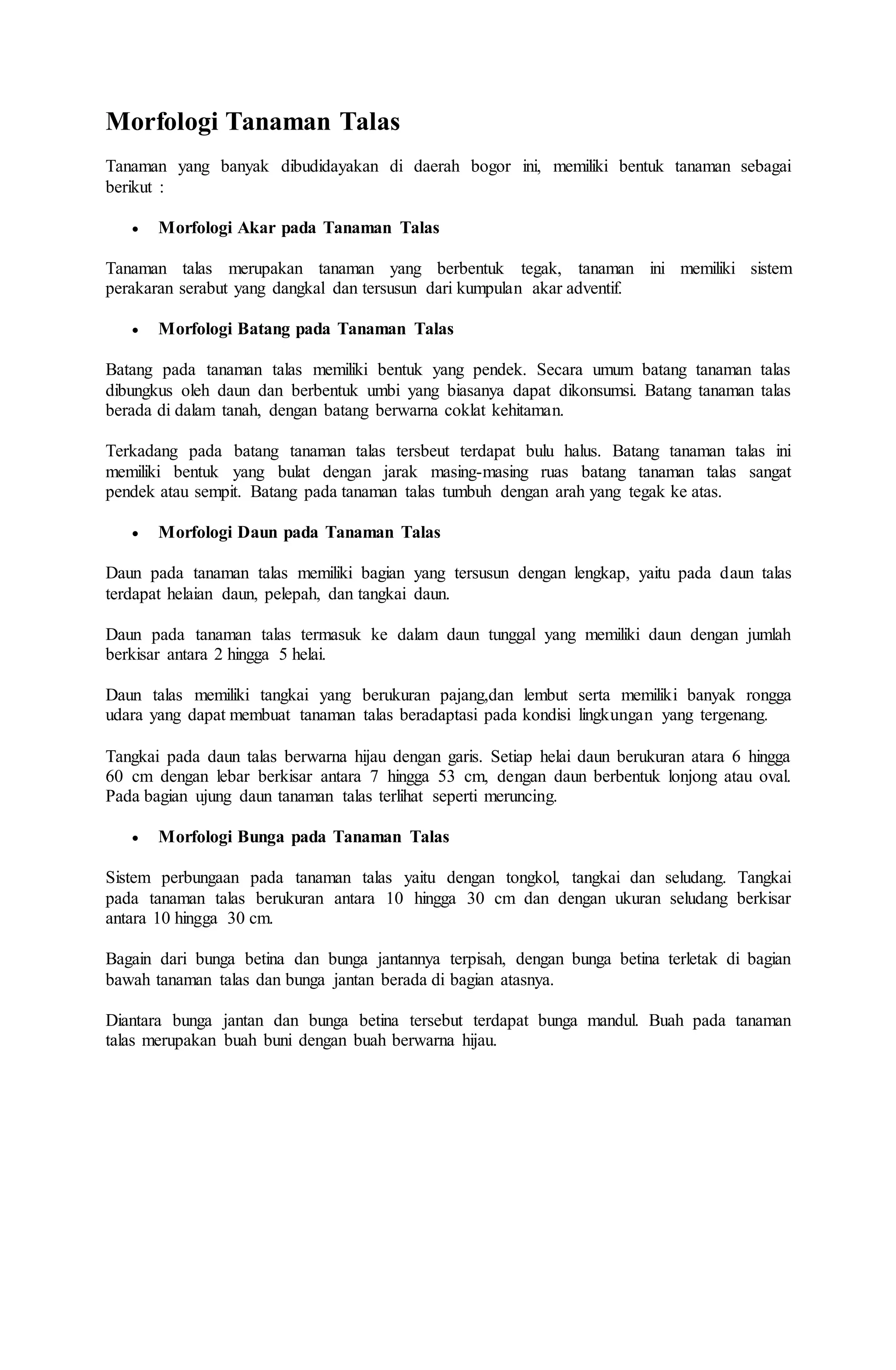 Klasifikasi dan morfologi tanaman talas | DOCX