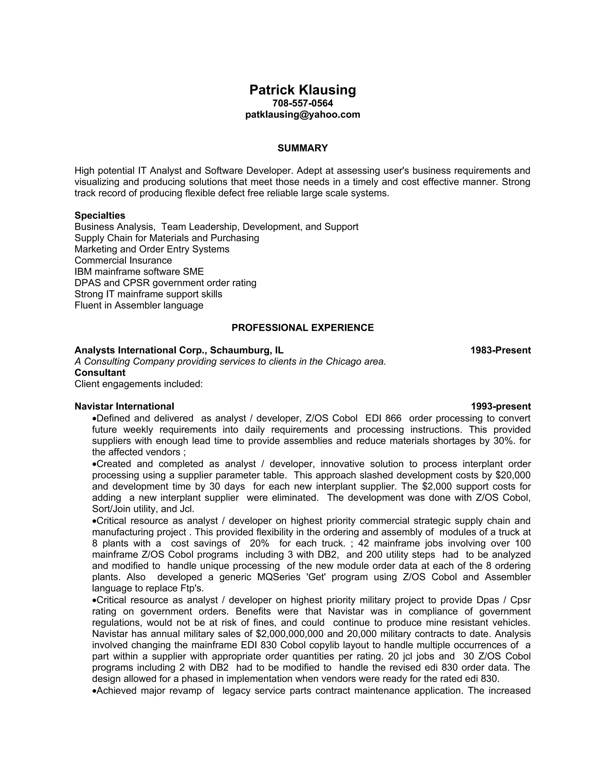 Klausing, Patrick Resume Consultant | DOC