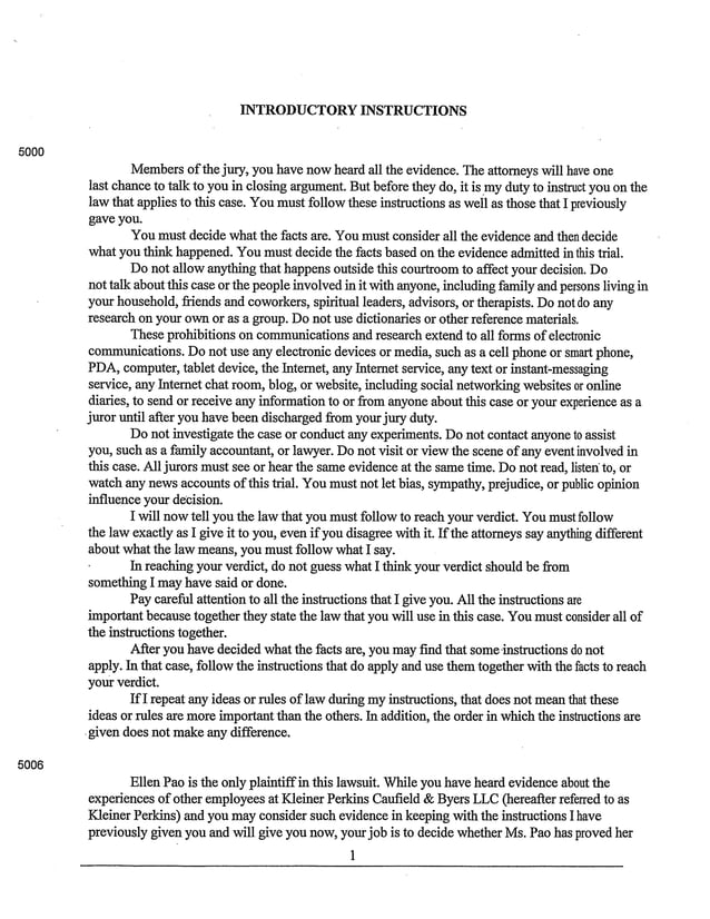 Ellen Pao v. Kleiner Perkins - JURY INSTRUCTIONS | PDF