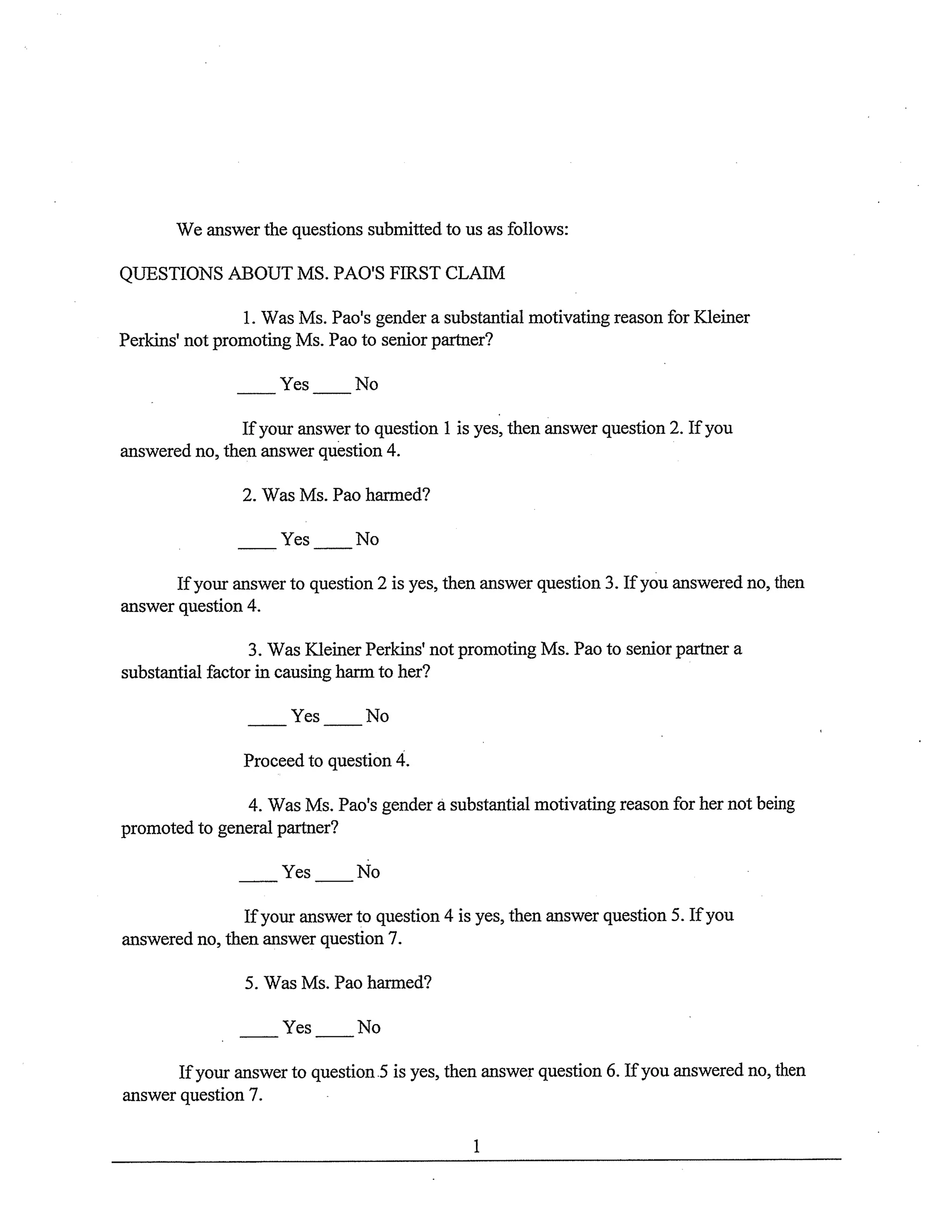 Ellen Pao v. Kleiner Perkins - JURY VERDICT FORM | PDF