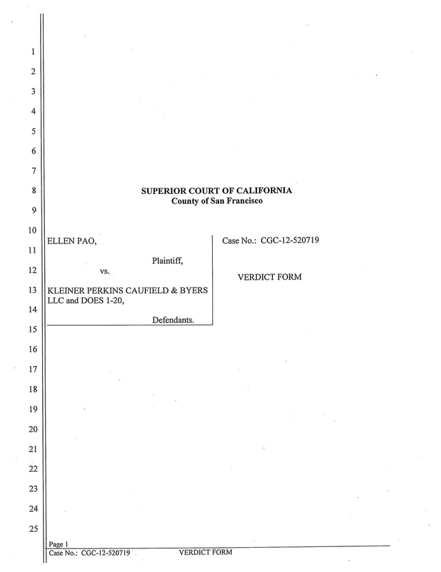 Ellen Pao v. Kleiner Perkins - JURY VERDICT FORM | PDF
