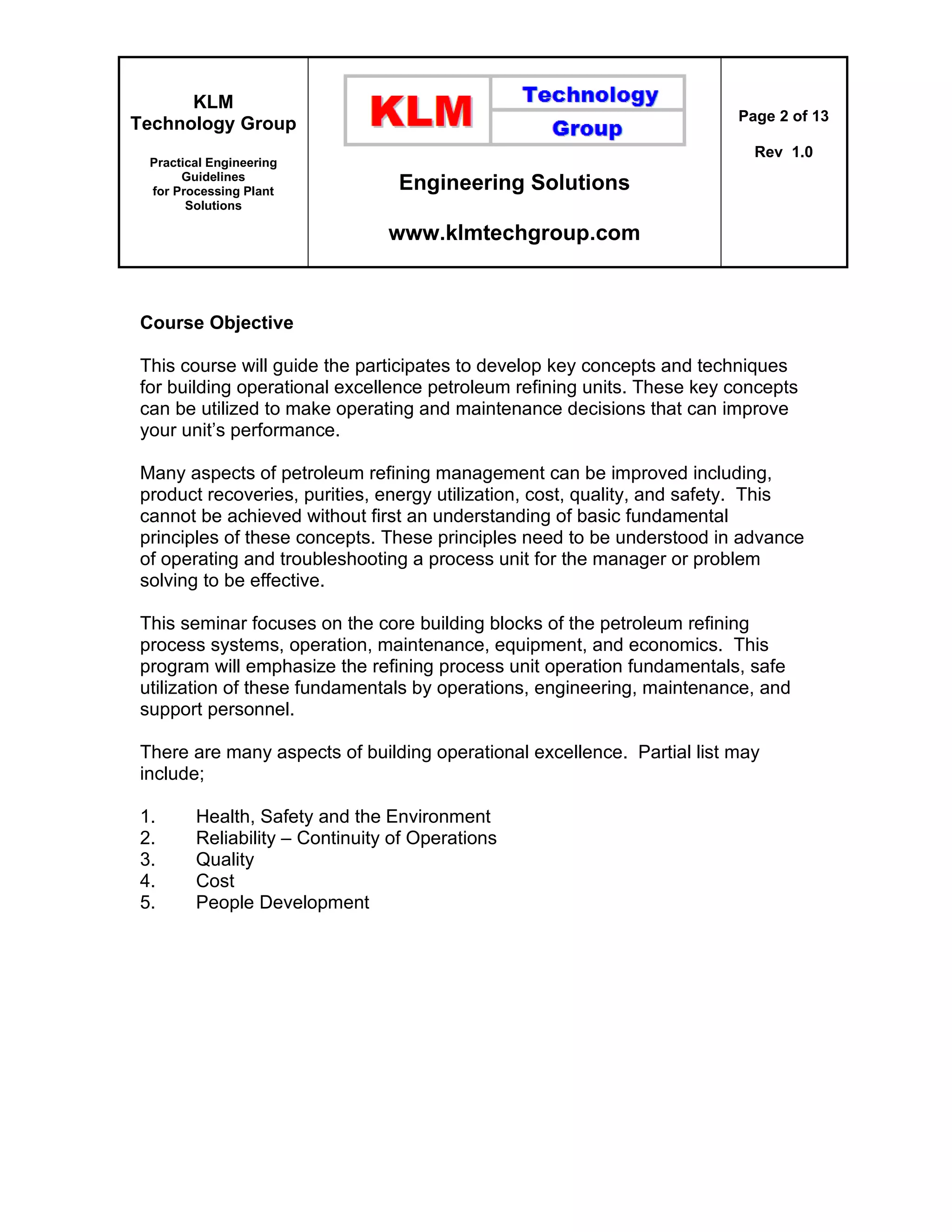 Building Operational Excellence in Petroleum Refining Training Course | PDF