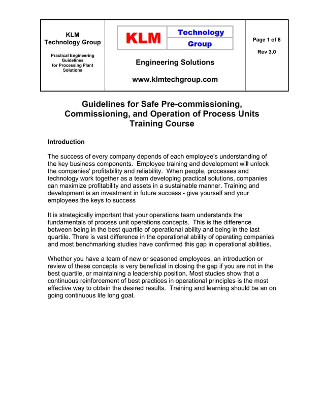 Guidelines for Safe Pre-commissioning, Commissioning, and Operation of ...