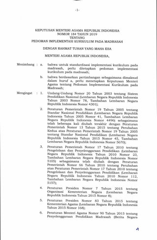 Kma nomor 184 tahun 2019 tentang pedoman implementasi kurikulum pada madrasah | PDF