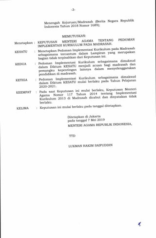 Kma nomor 184 tahun 2019 tentang pedoman implementasi kurikulum pada madrasah | PDF