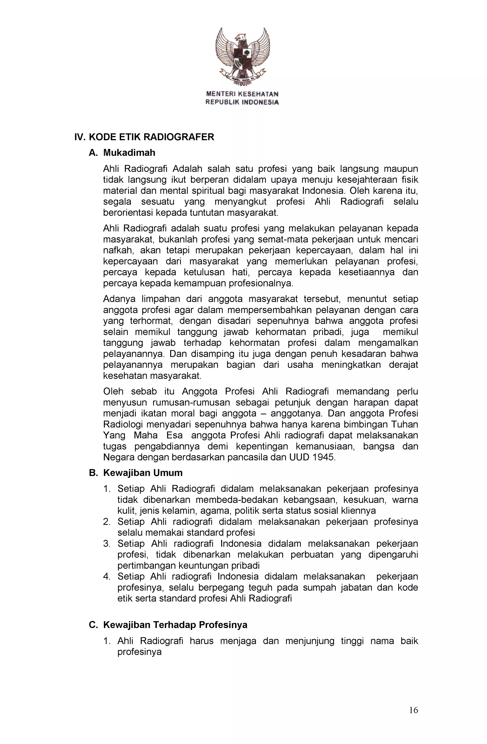 KEMENKES no. 375 TENTANG STANDAR PROFESI RADIOGRAFER 2007 | PDF