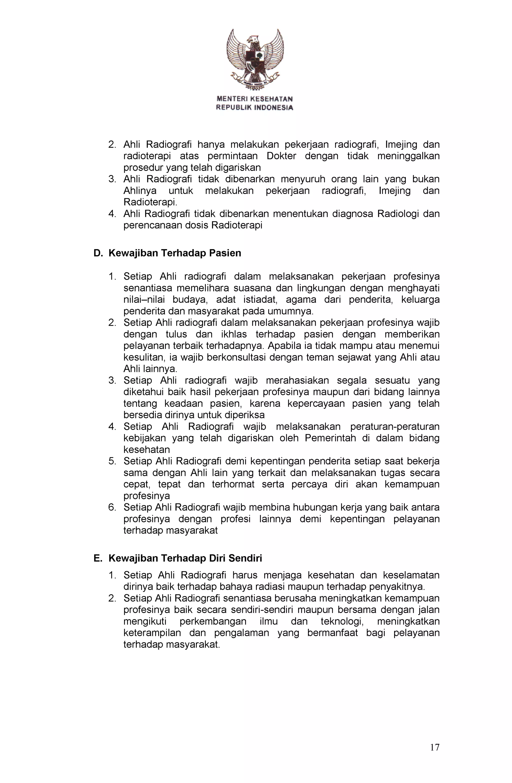 KEMENKES no. 375 TENTANG STANDAR PROFESI RADIOGRAFER 2007 | PDF