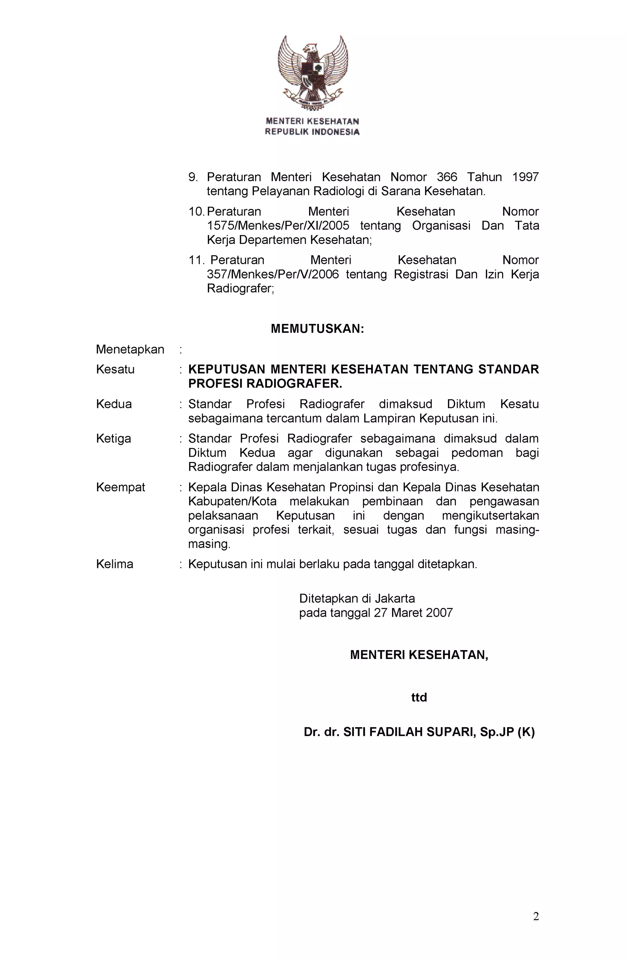 KEMENKES no. 375 TENTANG STANDAR PROFESI RADIOGRAFER 2007 | PDF