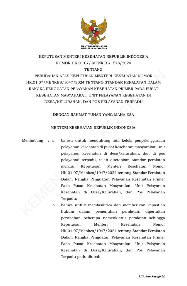 KMK No. HK.01.07-MENKES-1578-2024 ttg Standar Peralatan Dalam Penguatan Pelayanan Kesehatan ...