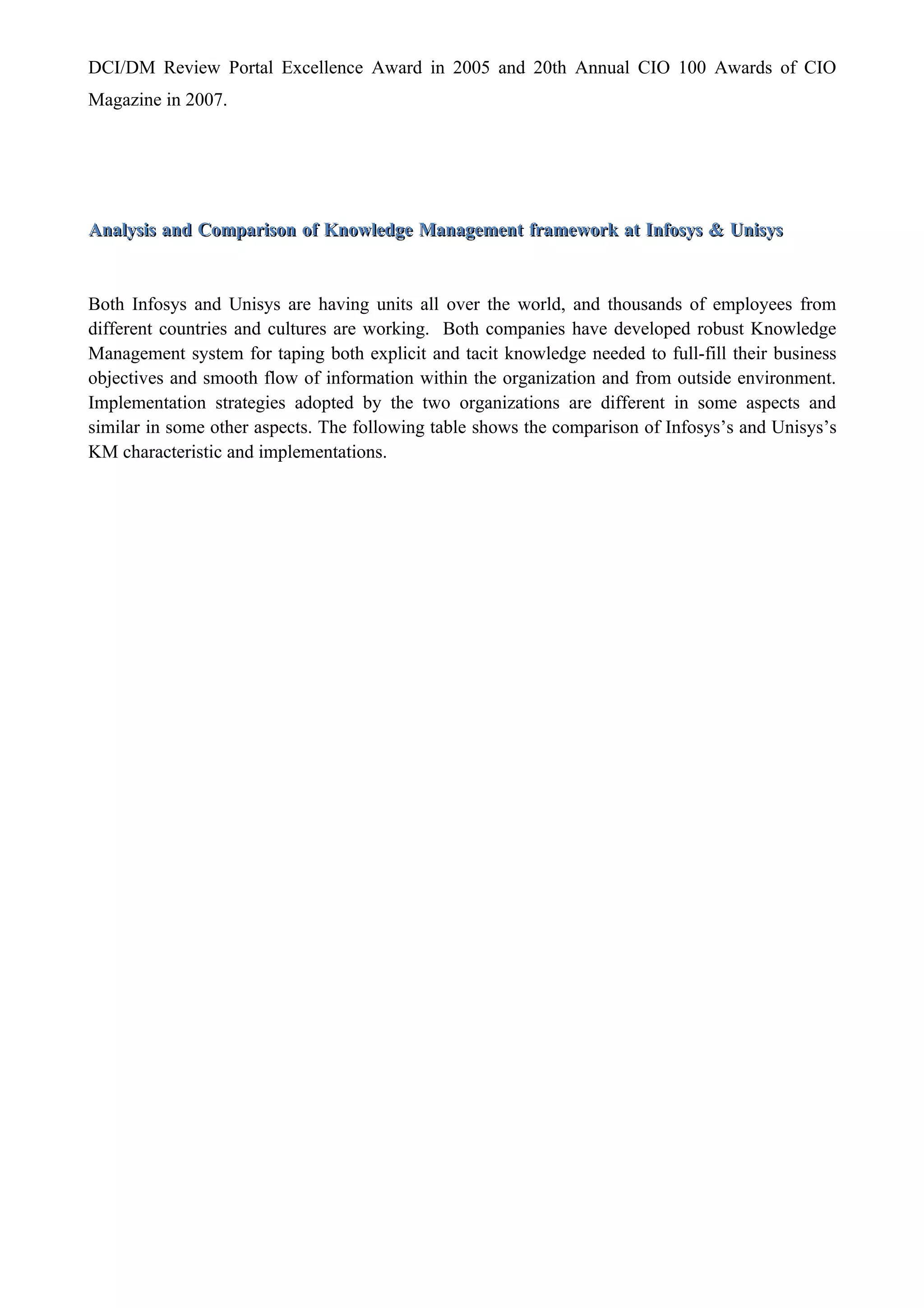 Knowledge Management at Infosys and Unisys : A Comparison | DOC ...
