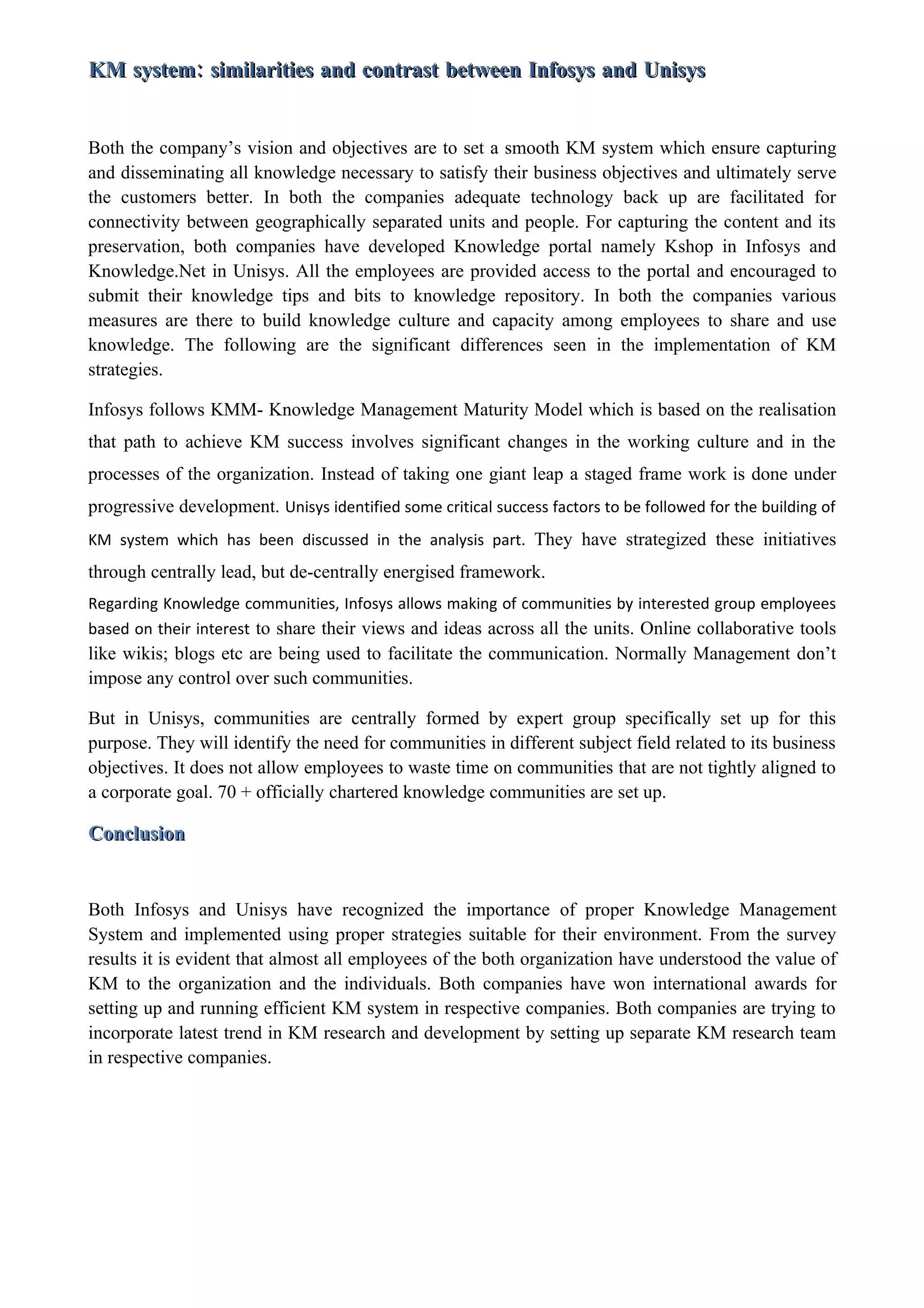 Knowledge Management at Infosys and Unisys : A Comparison | DOC