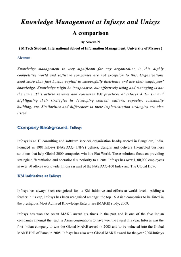 Knowledge Management at Infosys and Unisys : A Comparison | DOC ...