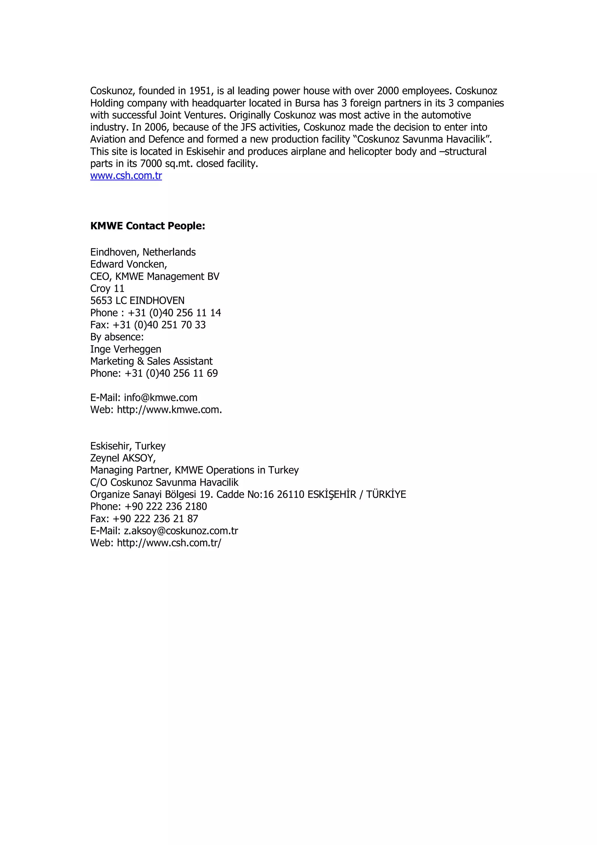 Kmwe Joint Venture With Coskunoz Turkey | PDF