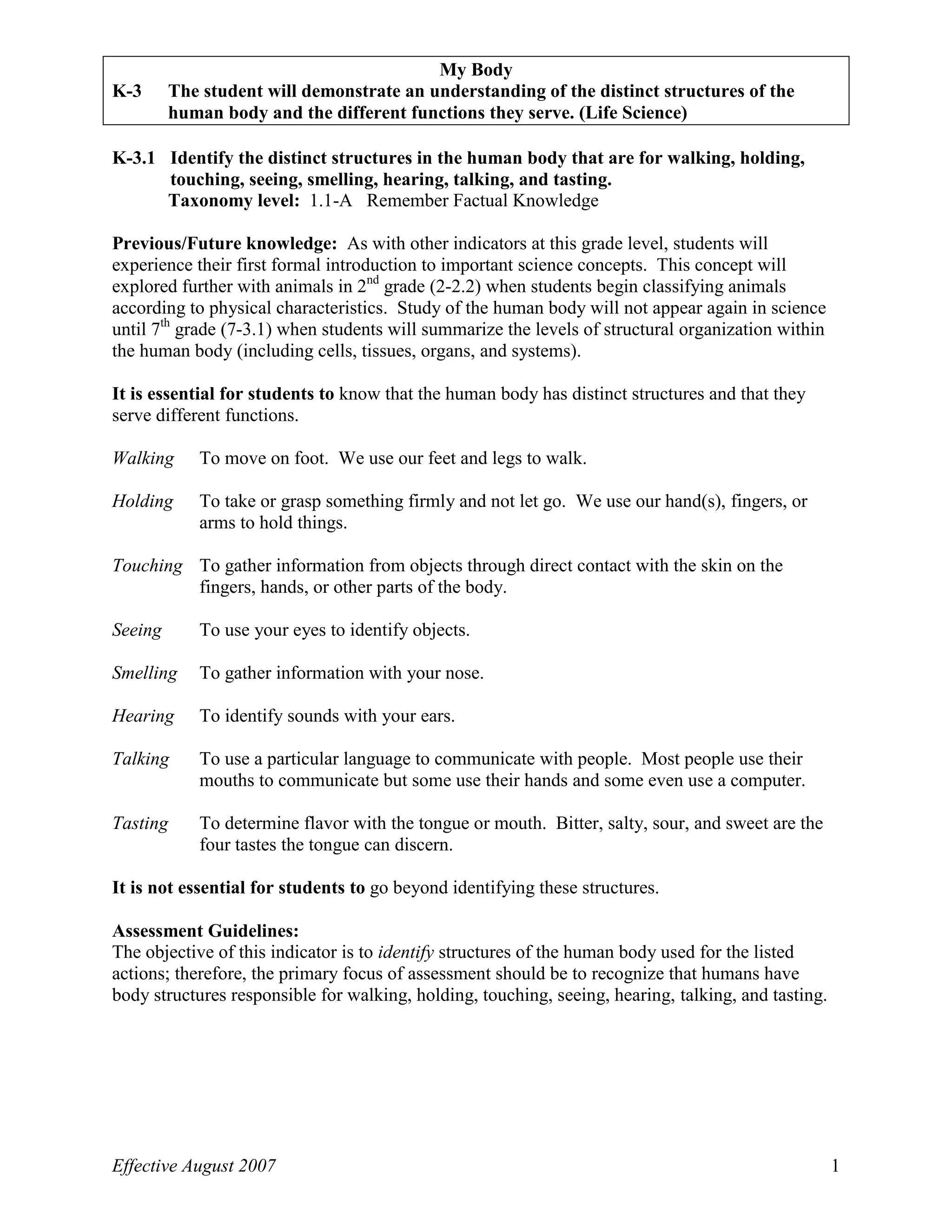 Kindergarten - Science - My Body | PDF