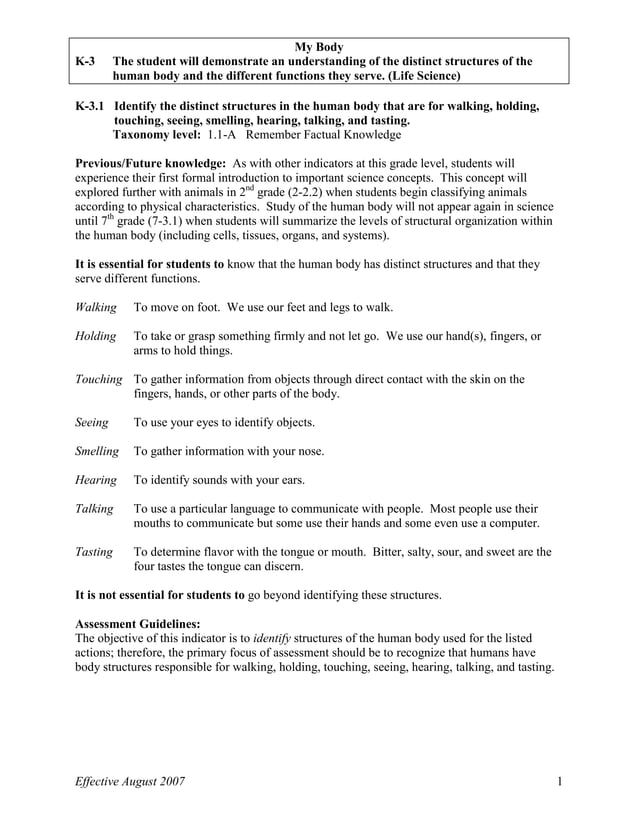 Kindergarten - Science - My Body | PDF