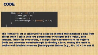 Fractional Knapsack Problem with Dora Example in Java | PPT