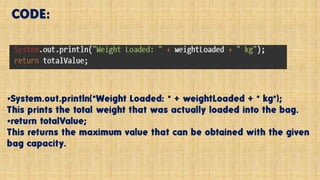 Fractional Knapsack Problem with Dora Example in Java | PPT