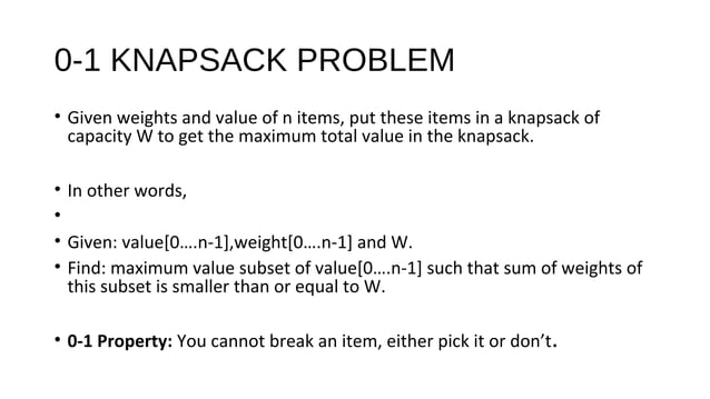 Knapsack Problem Using Dynamic Programming