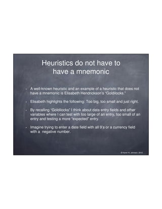 Karen N. Johnson - software testing heuristics & mnemonics | PDF