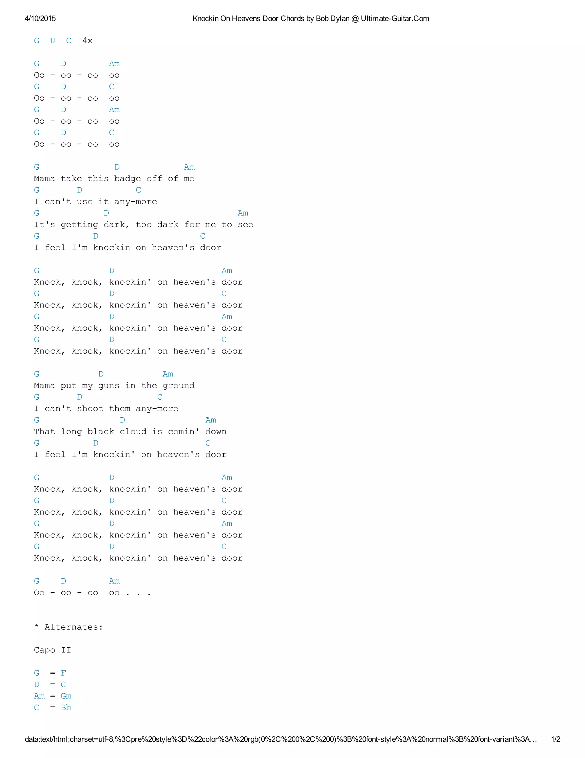 Knockin On Heavens Door Chords By Bob Dylan Ultimate Guitar Pdf