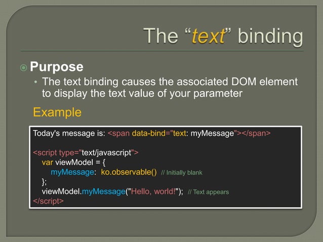 Knockoutjs Part 4 Bindings Controlling Text And Appearance Ppt