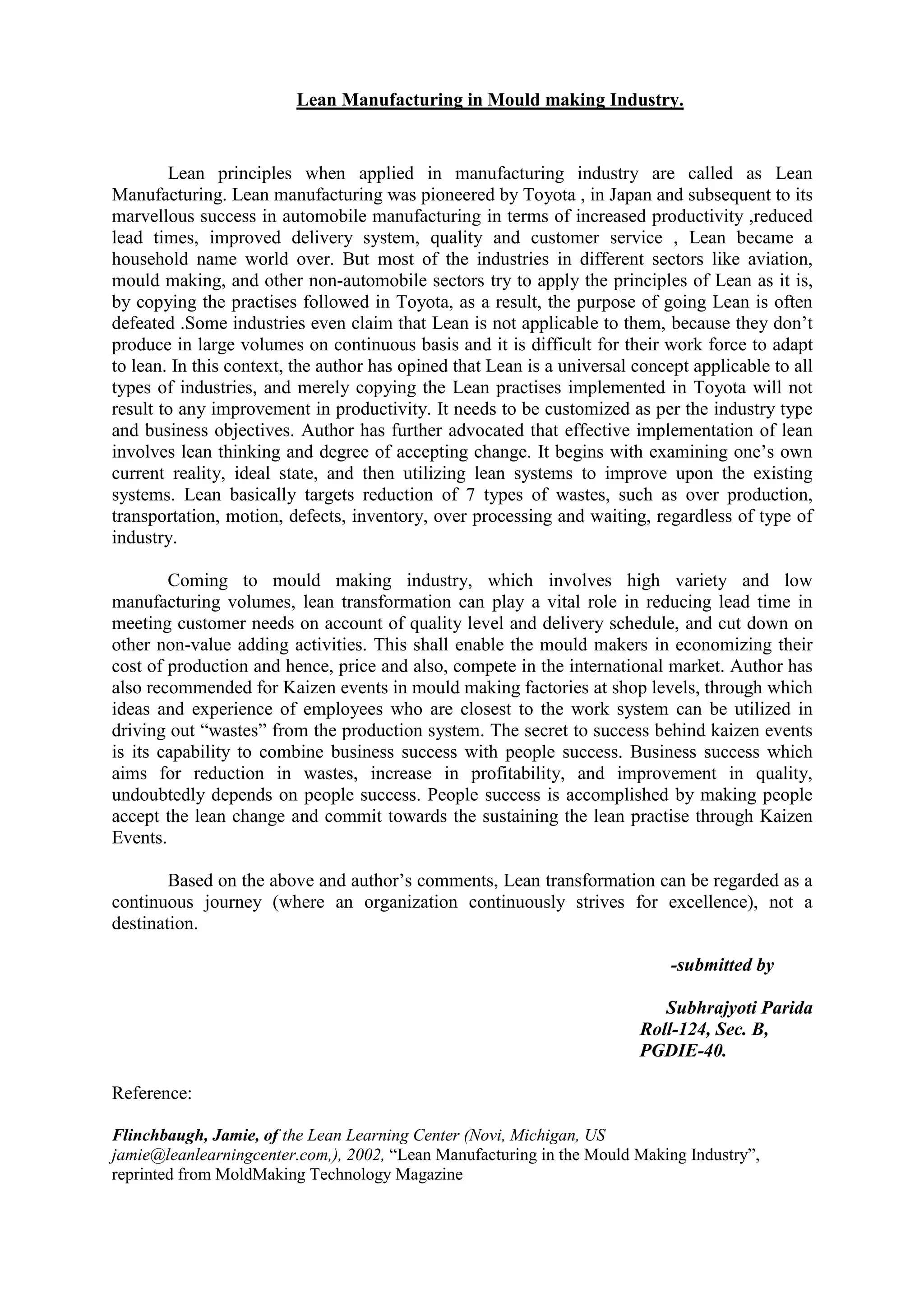 Lean Manufacturing in Mould making Industry. | PDF