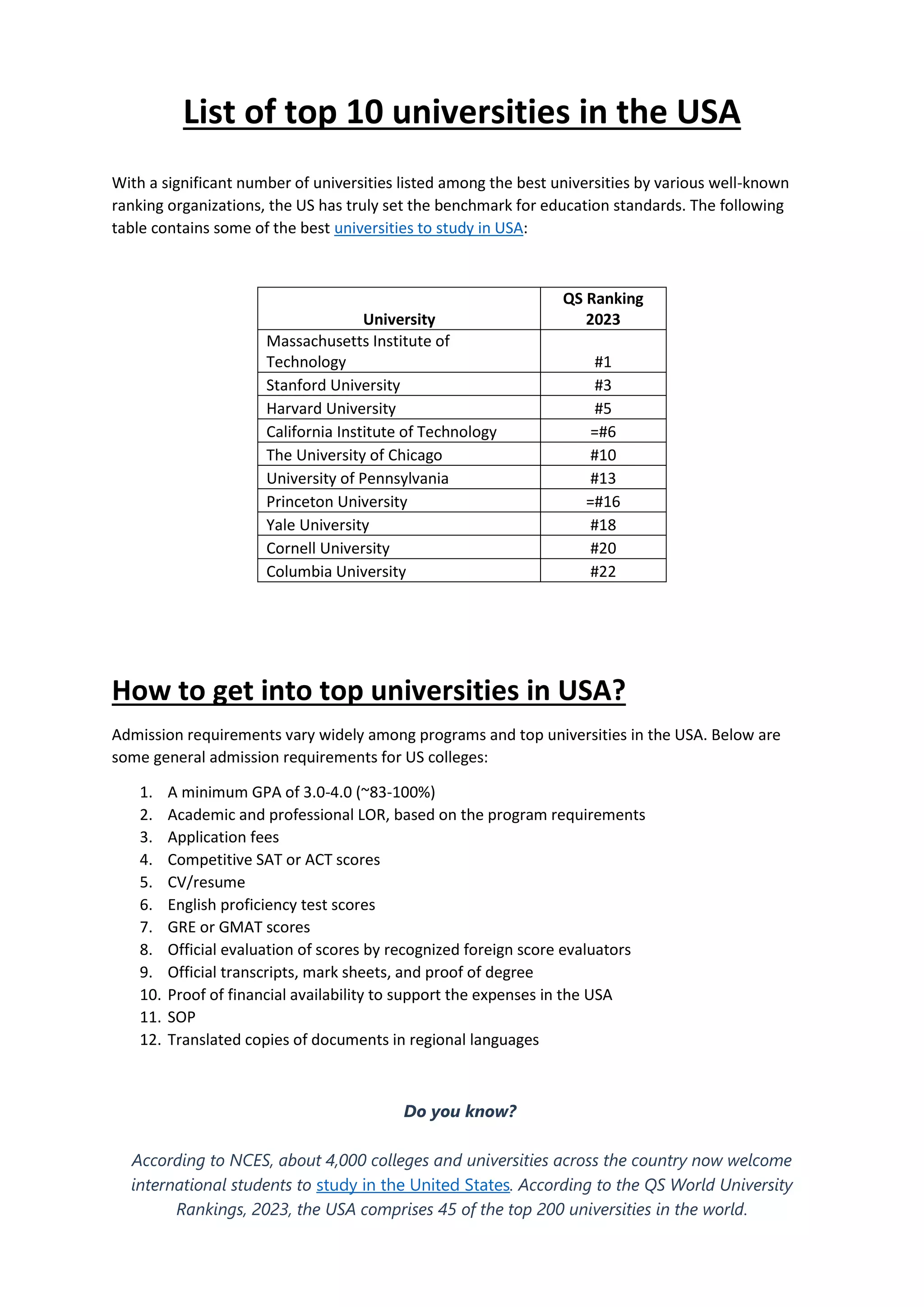 Know about Top Universities in USA.pdf | College Planning | College ...