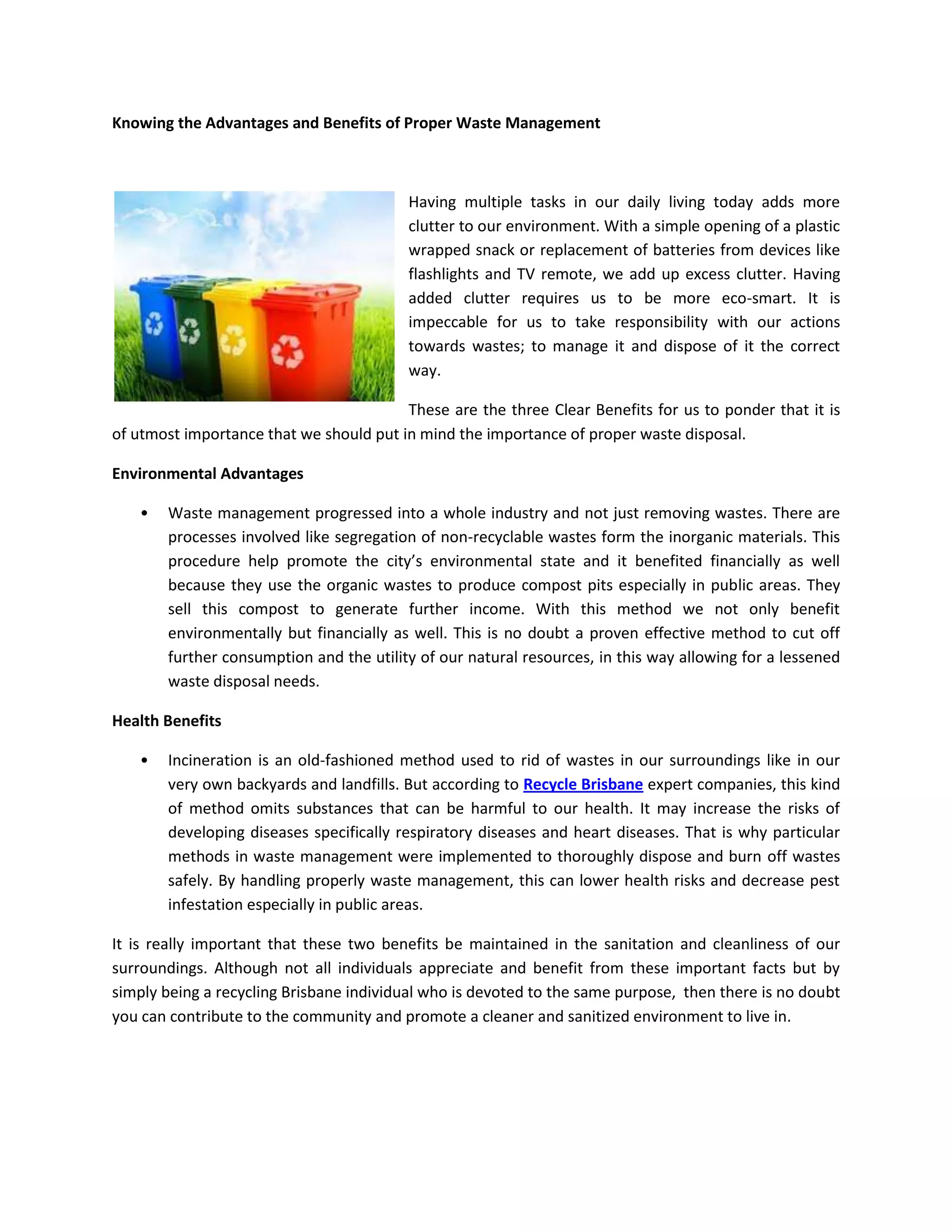 Knowing the advantages and benefits of proper waste management | DOCX