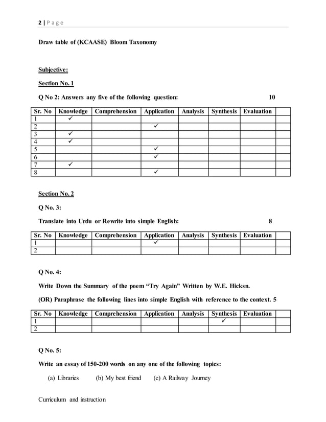 Analysis Table of English Paper 9th Class | PDF