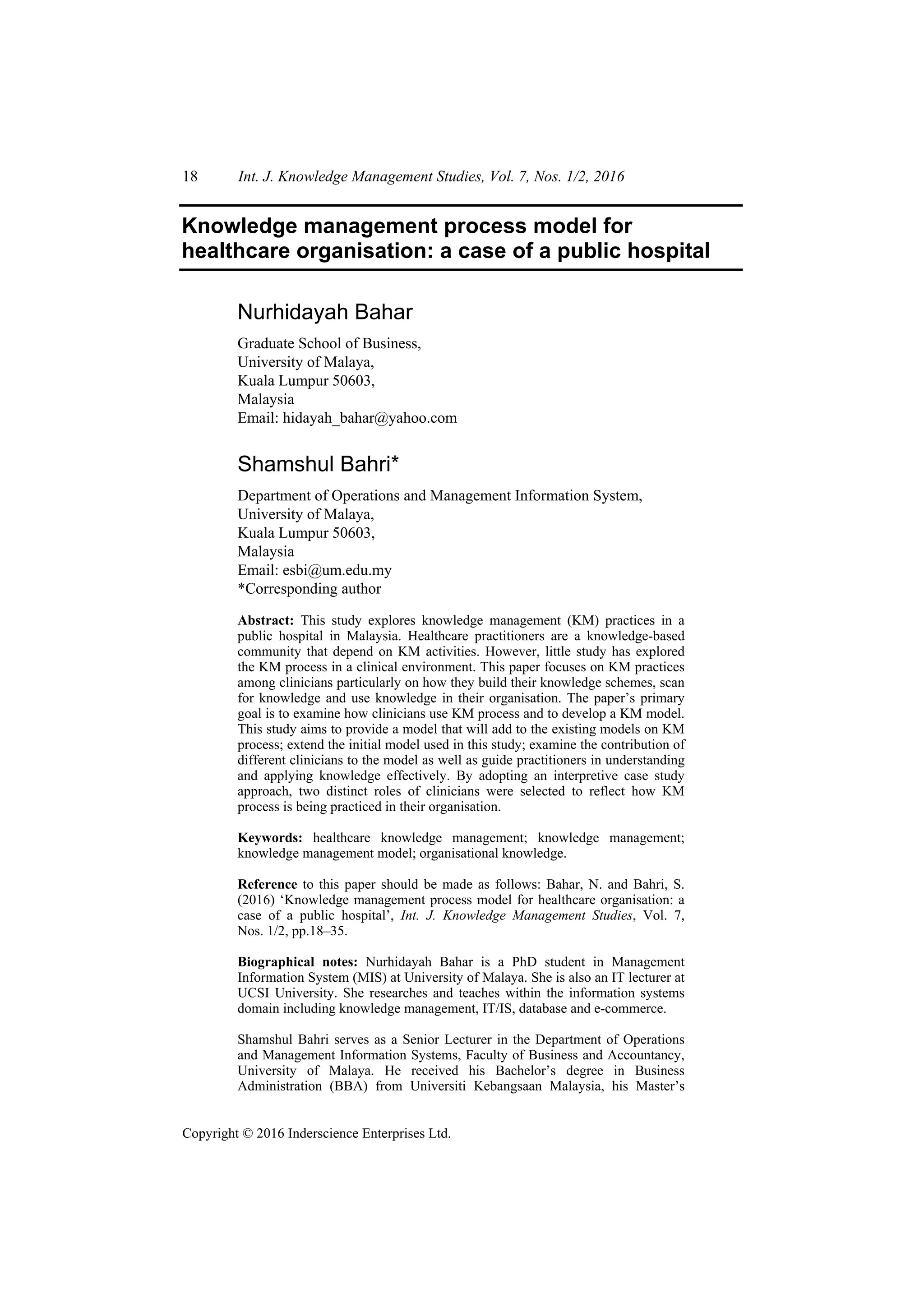 Knowledge management process model for healthcare organization | PDF