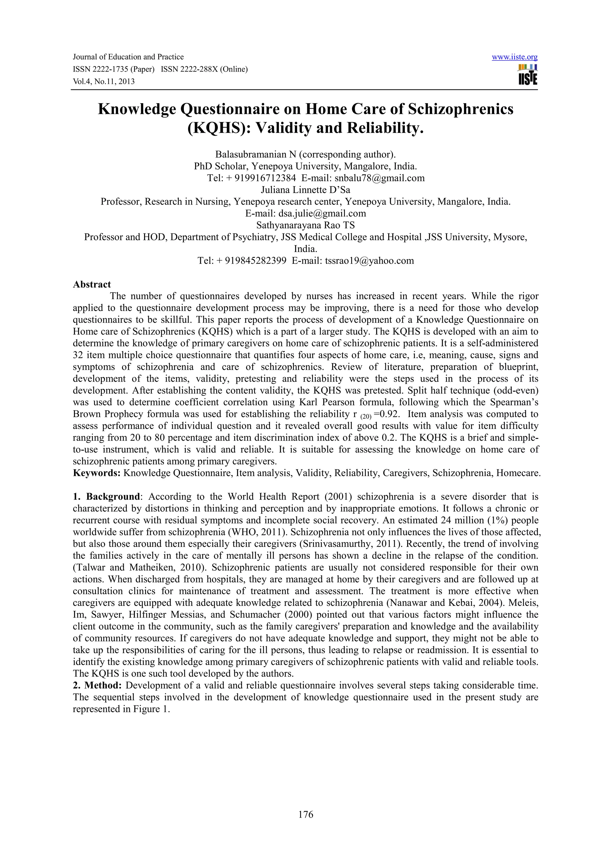 Knowledge questionnaire on home care of schizophrenics (kqhs) validity and reliability. | PDF