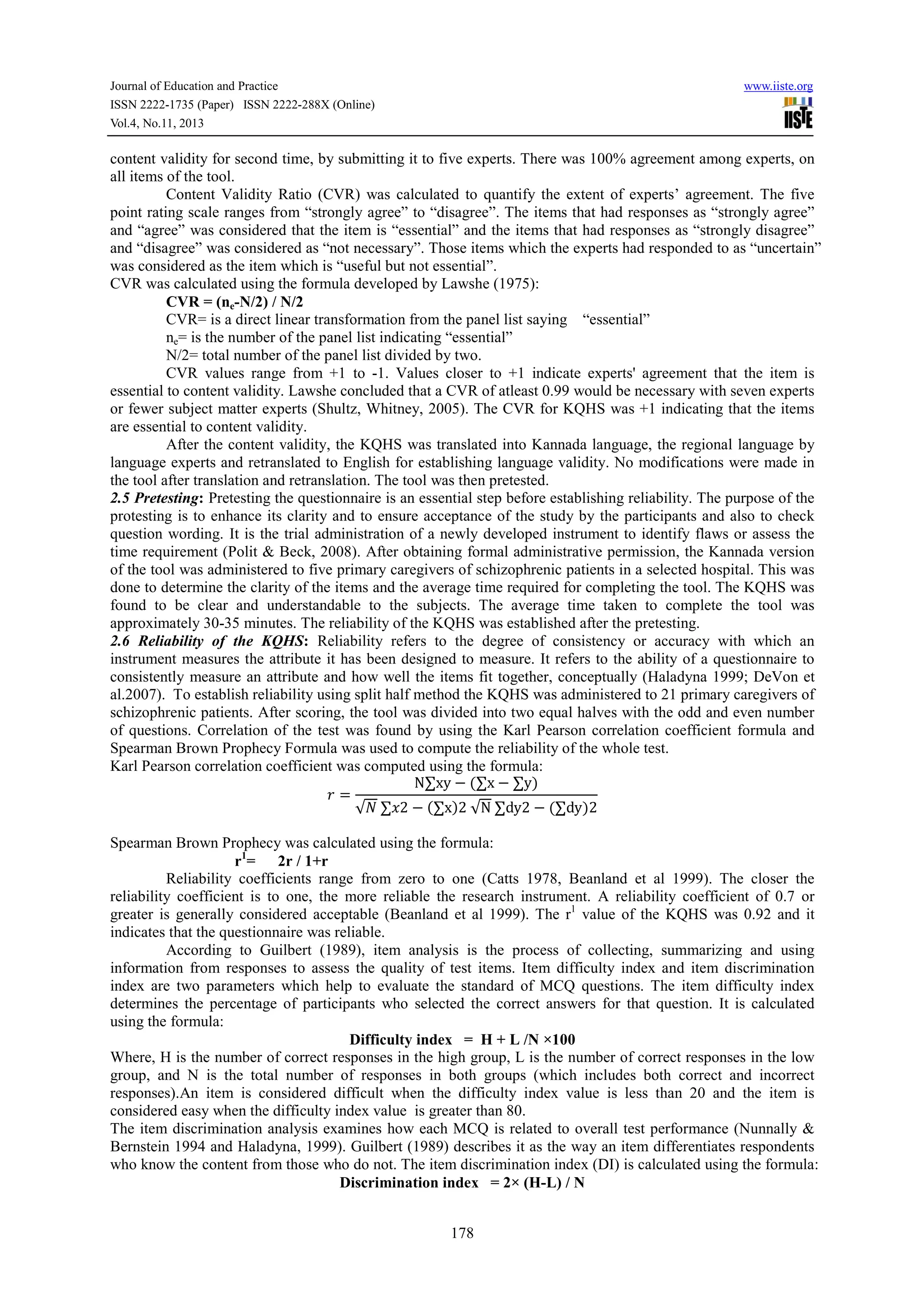 Knowledge questionnaire on home care of schizophrenics (kqhs) validity ...