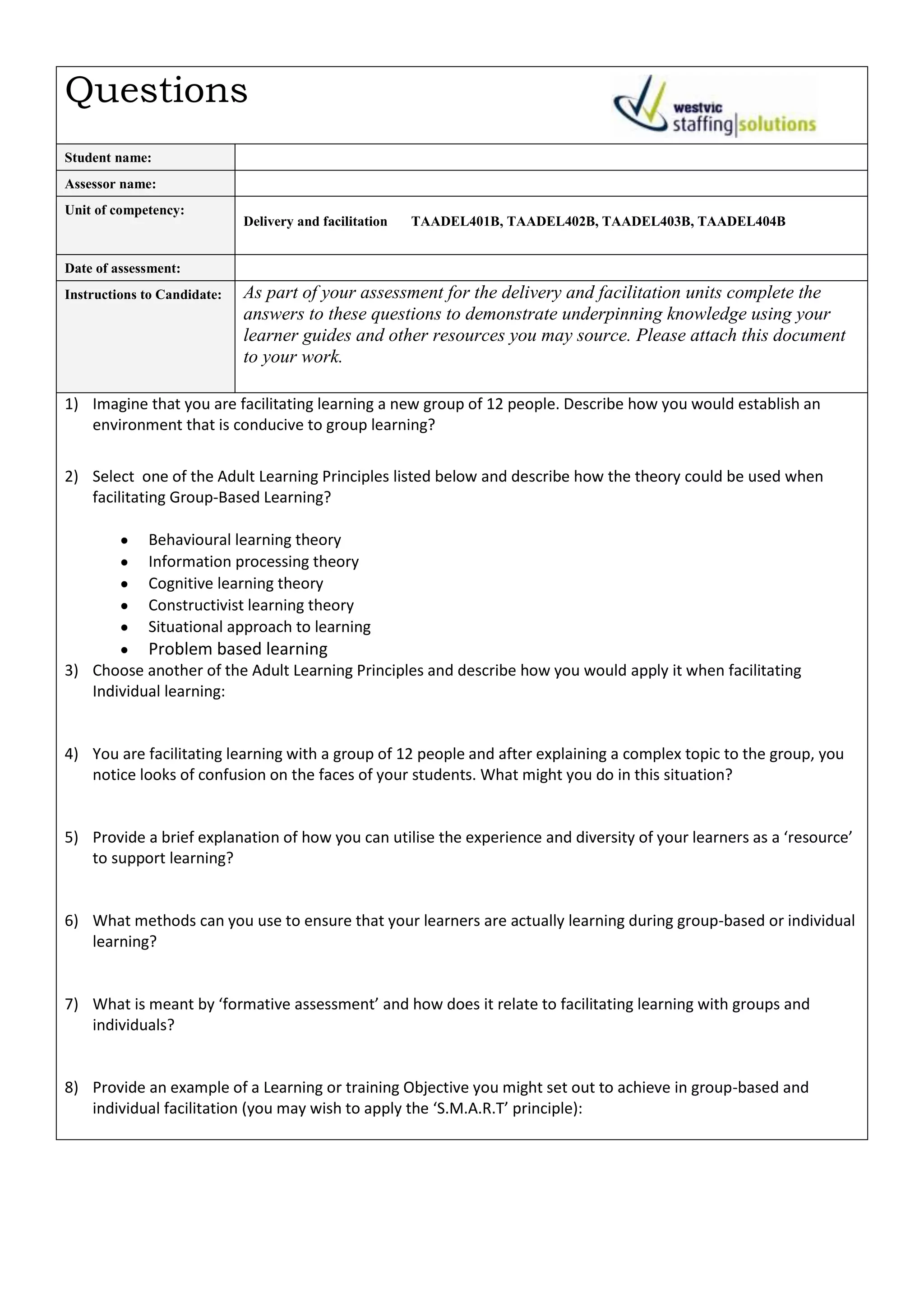 Knowledge questions for facilitation | PDF