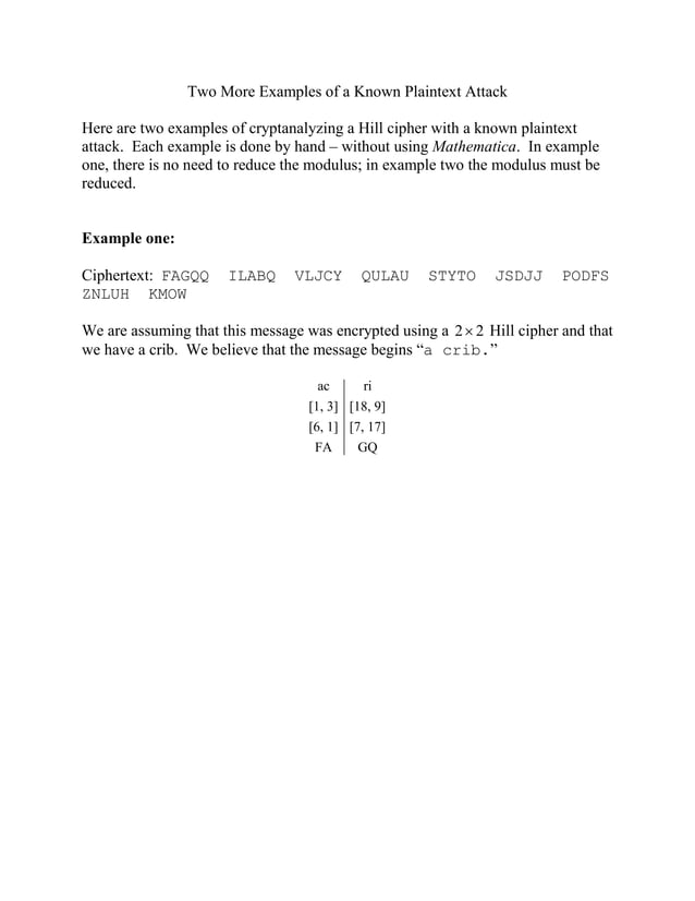 Known plaintext attack of hill cipher | PDF
