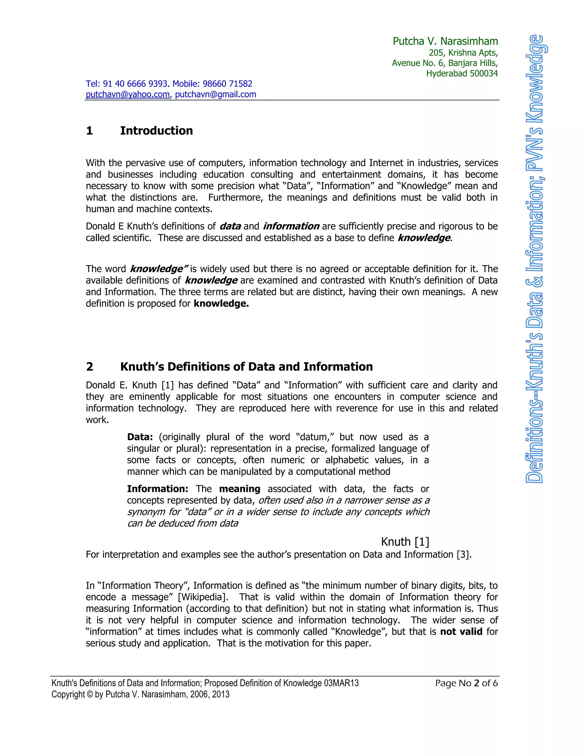 Knuth's Definitions of Data and Information; Proposed Definition of KNOWLEDGE | PDF