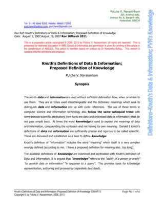 Knuth's Definitions of Data and Information; Proposed Definition of ...