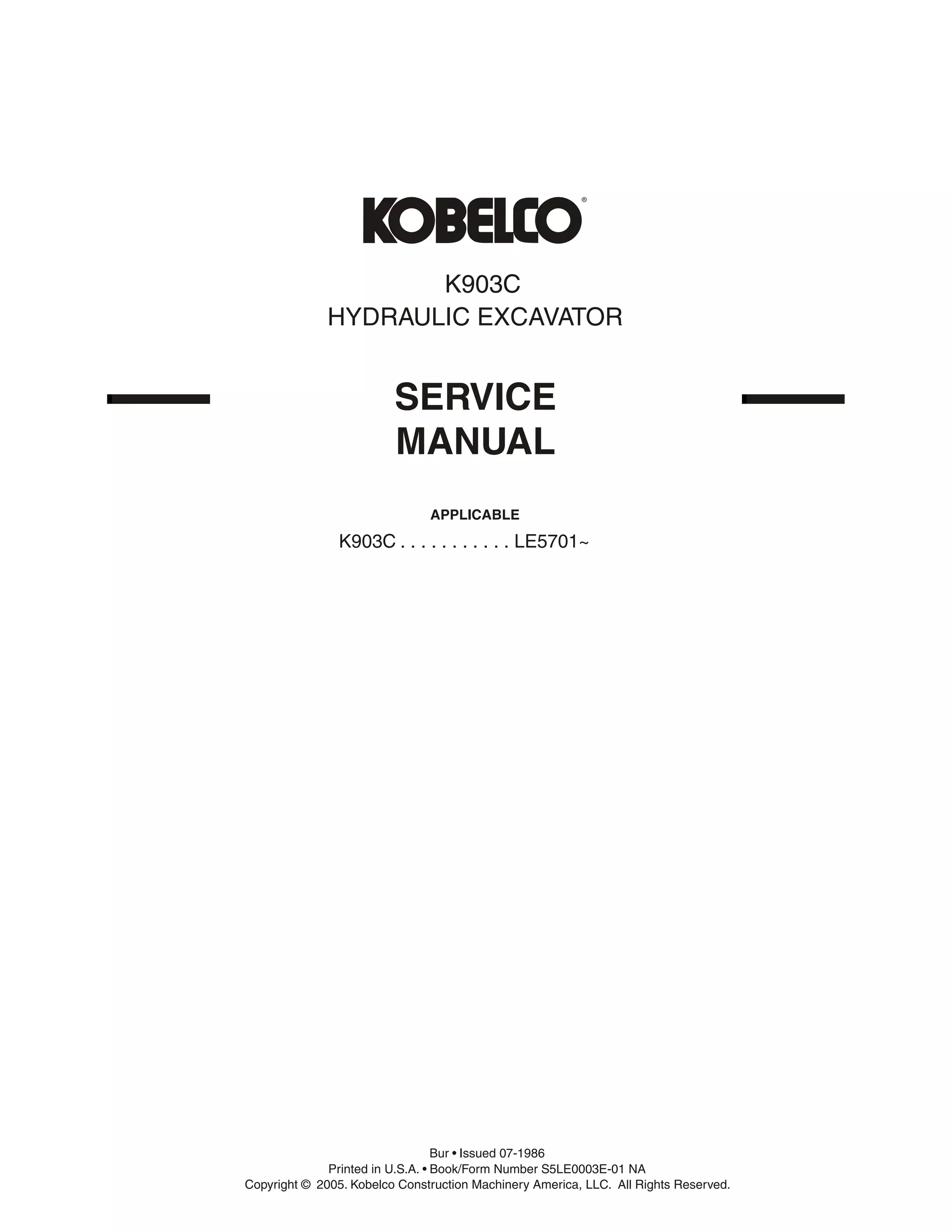 Kobelco k903 c hydraulic excavator service repair manual | PDF