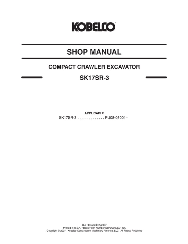 Kobelco sk17 sr 3 compact crawler excavator service repair manual | PDF | Automotive