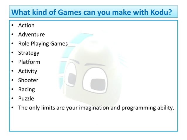 Kodu game design | PPT | Roleplaying Games | Games and Puzzles