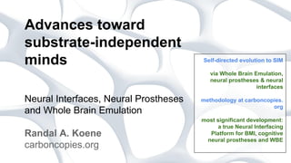 Advances toward substrate-independent minds: Neural Interfaces, Neural Prostheses and Whole ...
