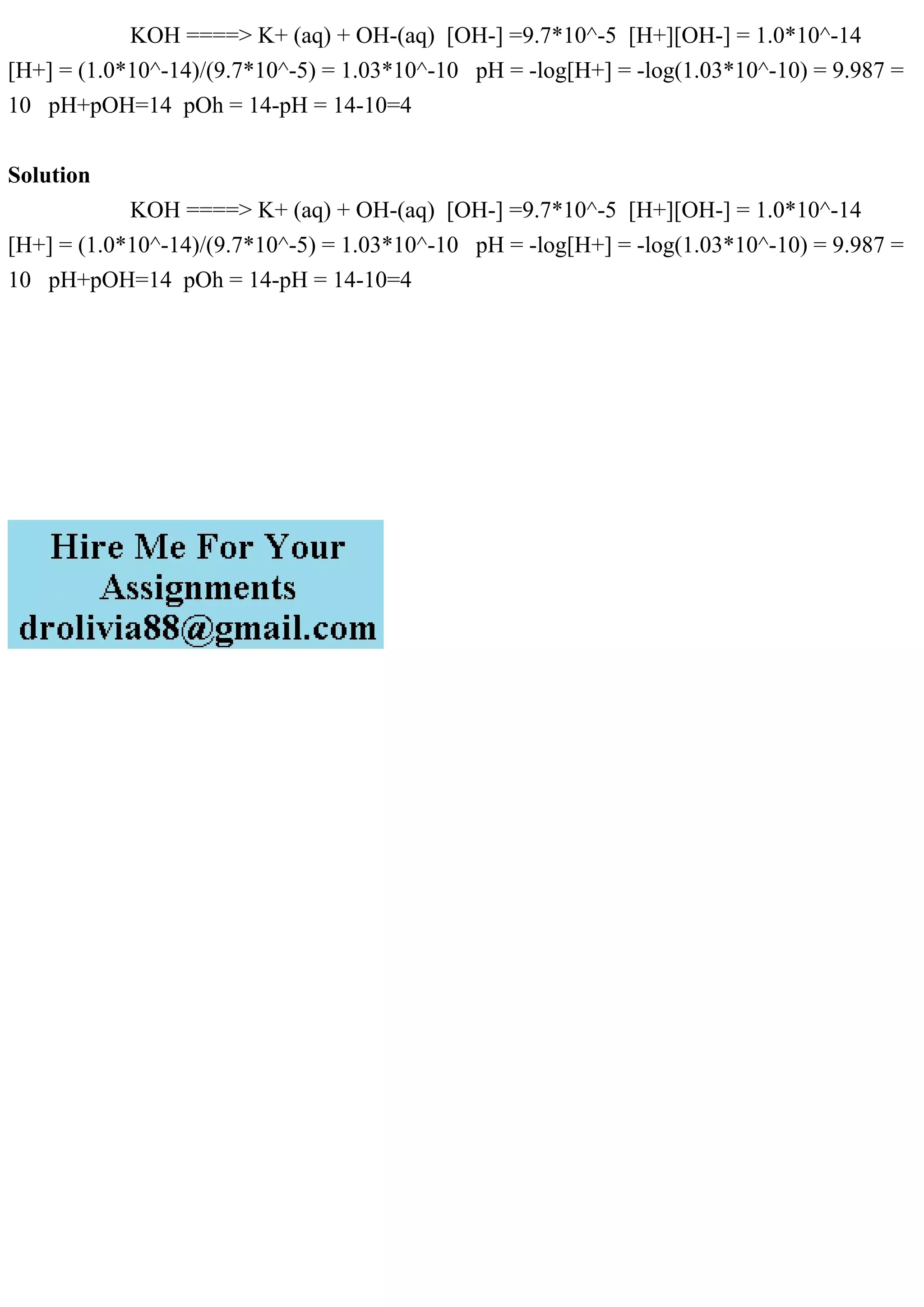 KOH ==== K+ (aq) + OH-(aq) [OH-] =9.710^-5 [H.pdf | Chemistry | Science