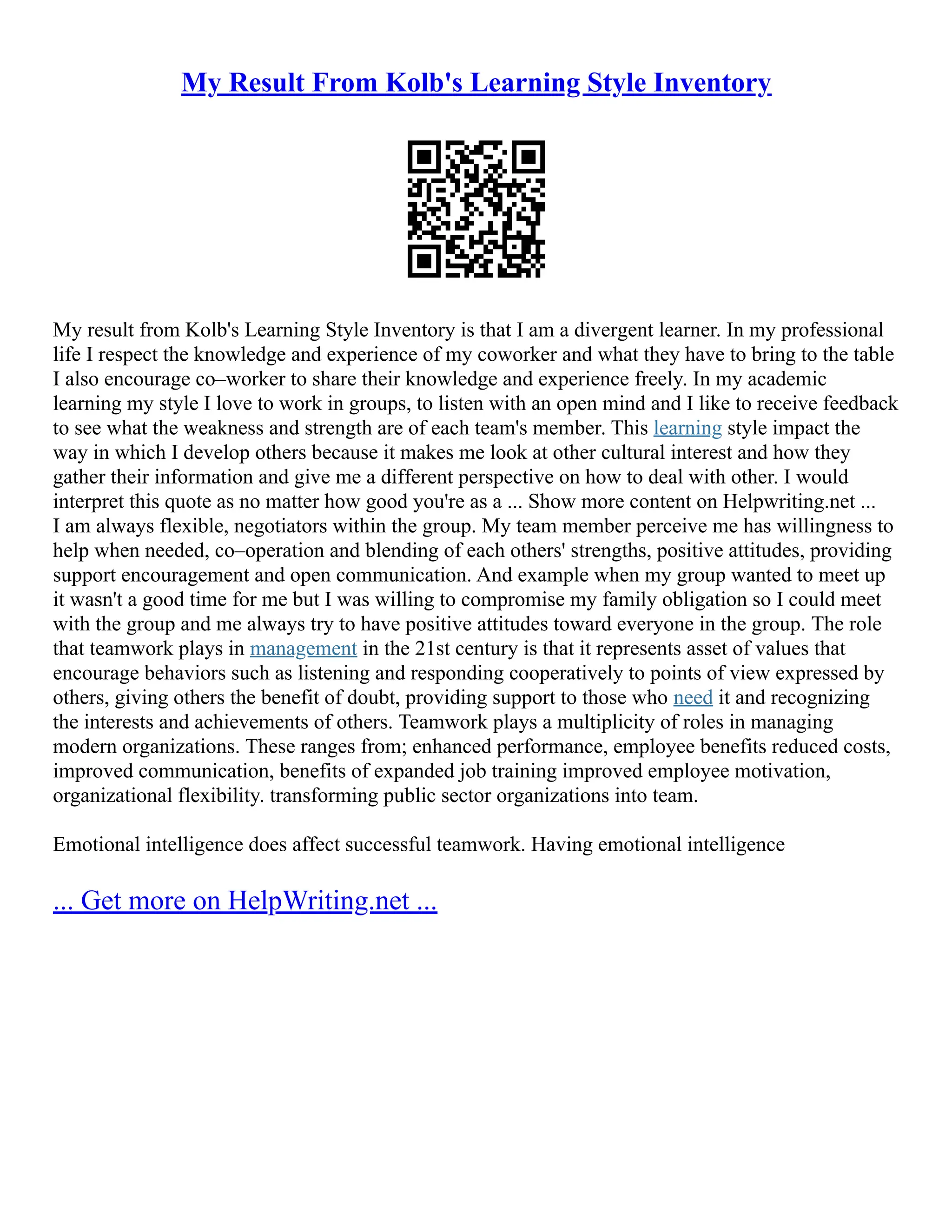 Kolb Learning Style Inventory Analysis | PDF