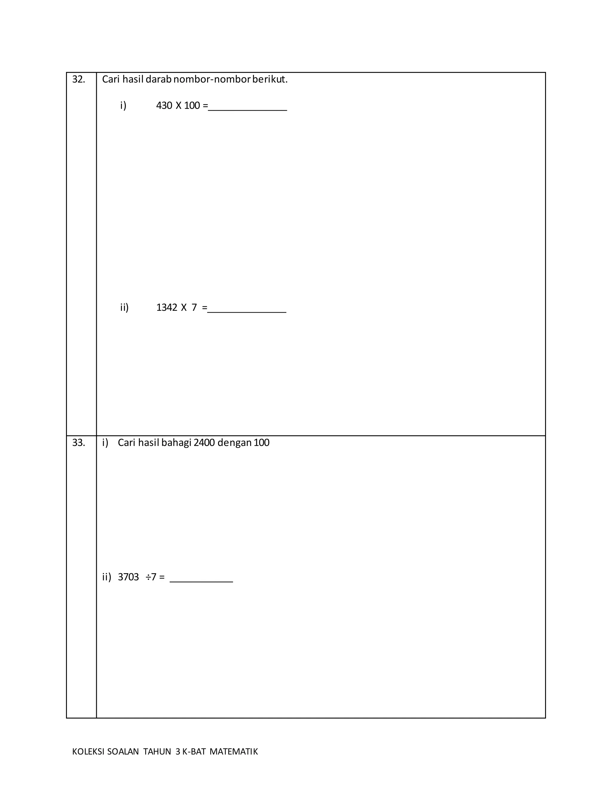 Koleksi soalan matematik tahun 3 kbat | DOCX
