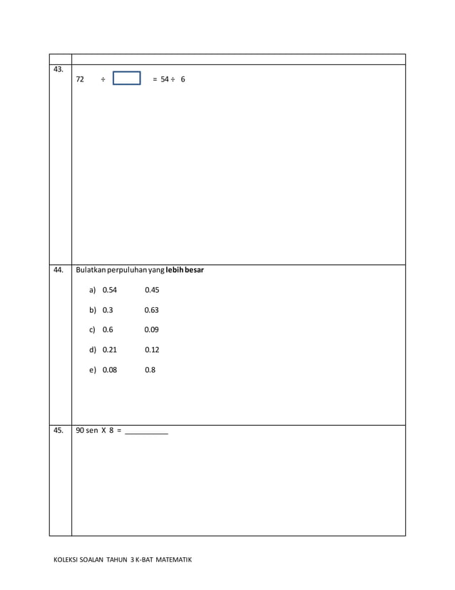 Koleksi soalan matematik tahun 3 kbat | DOCX
