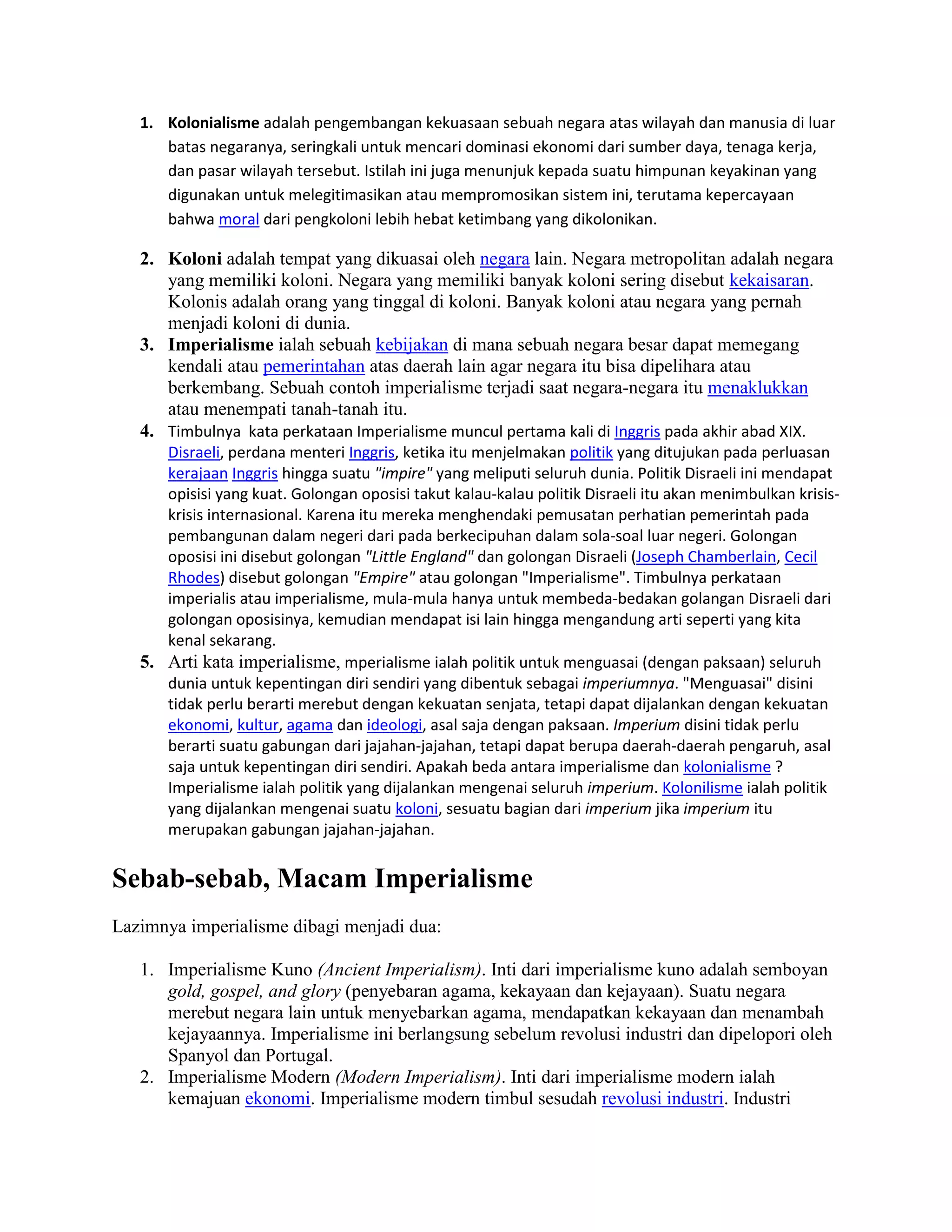 Kolonialisme adalah pengembangan kekuasaan sebuah negara ata | DOC